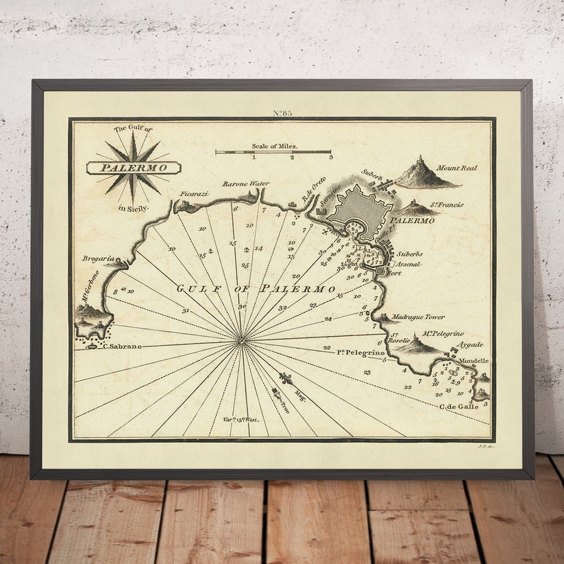 Old Gulf of Palermo, Italy Nautical Chart by Heather, 1802: Monte ...