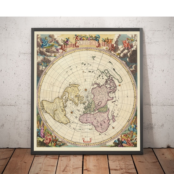 Old Flat Earth World Map 1696 by Jacob Harrewyn California | Etsy