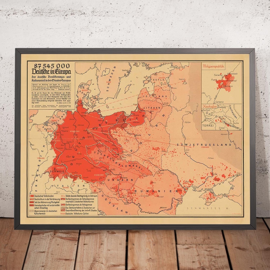 Old WW2 Propaganda Map, 1938 87 545 000 Deutsche in Europa German ...