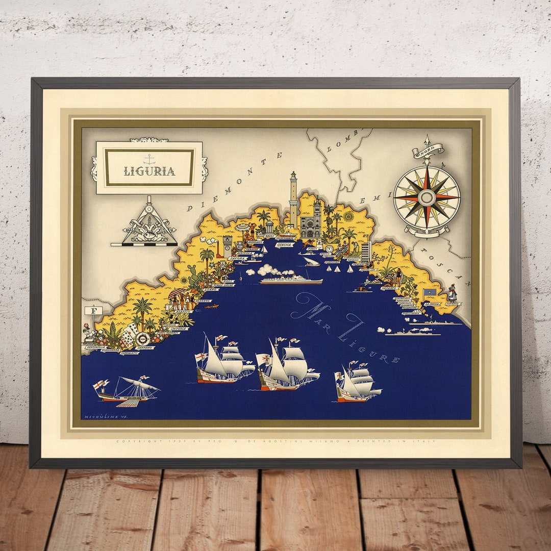 Old Pictorial Map of Liguria by De Agostini, 1938: Genoa, La Spezia ...