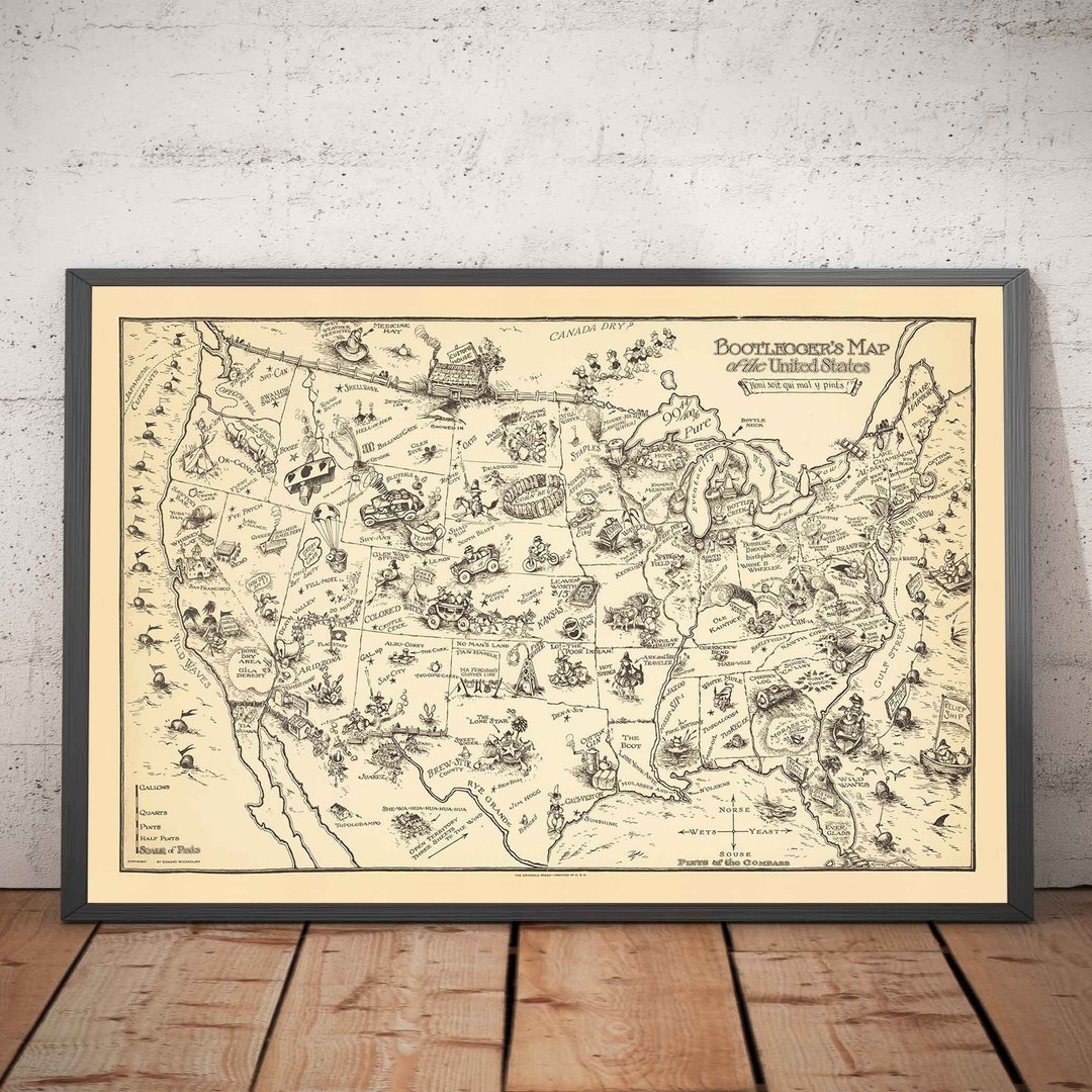 Old Alcohol Bootlegger's Map of the United States, 1926 by Mccandlish ...