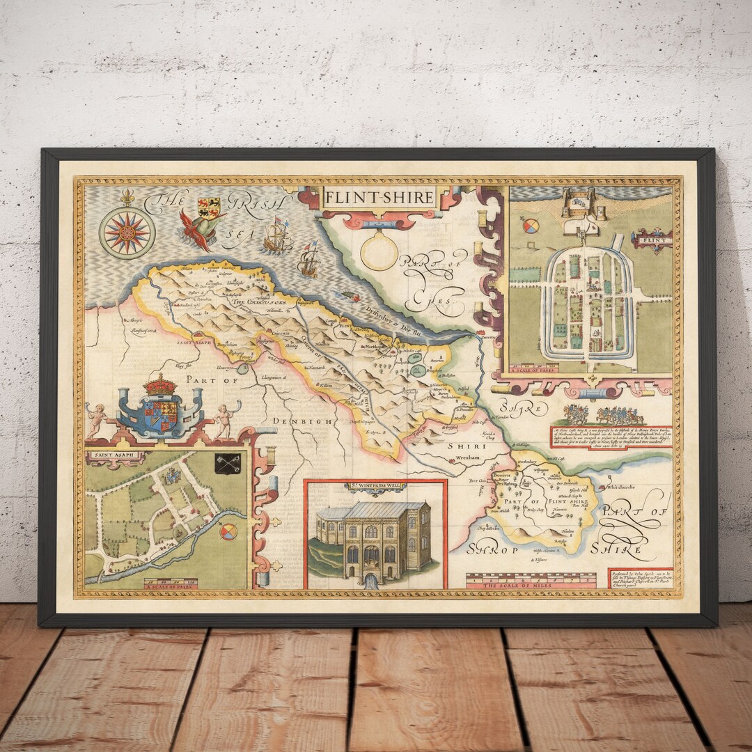 Old Map of Flintshire Wales, 1611 by John Speed - Flint, Mold, Chester ...
