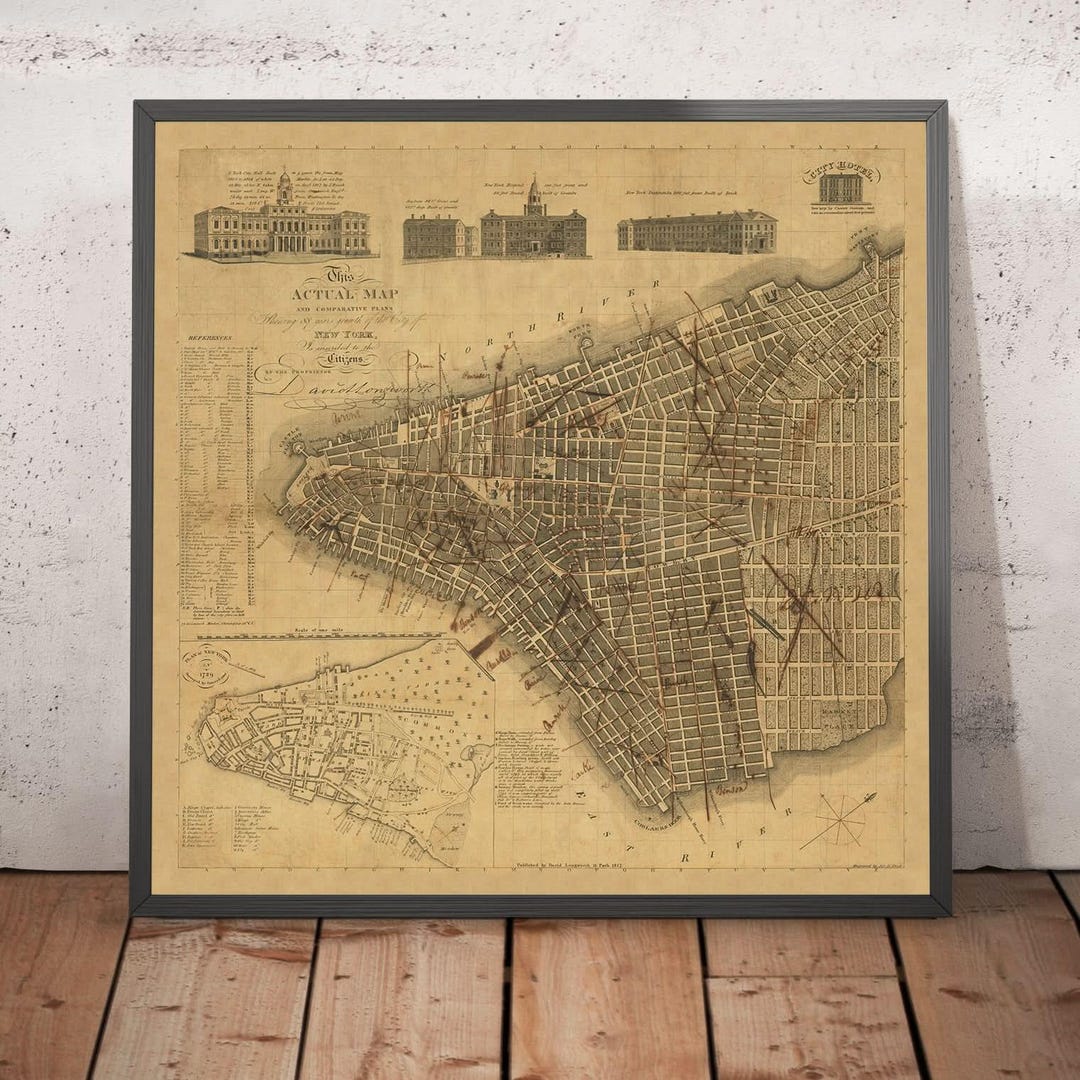 Old Map of New York by Longworth, 1817: City Hall, Broadway, Wall St ...