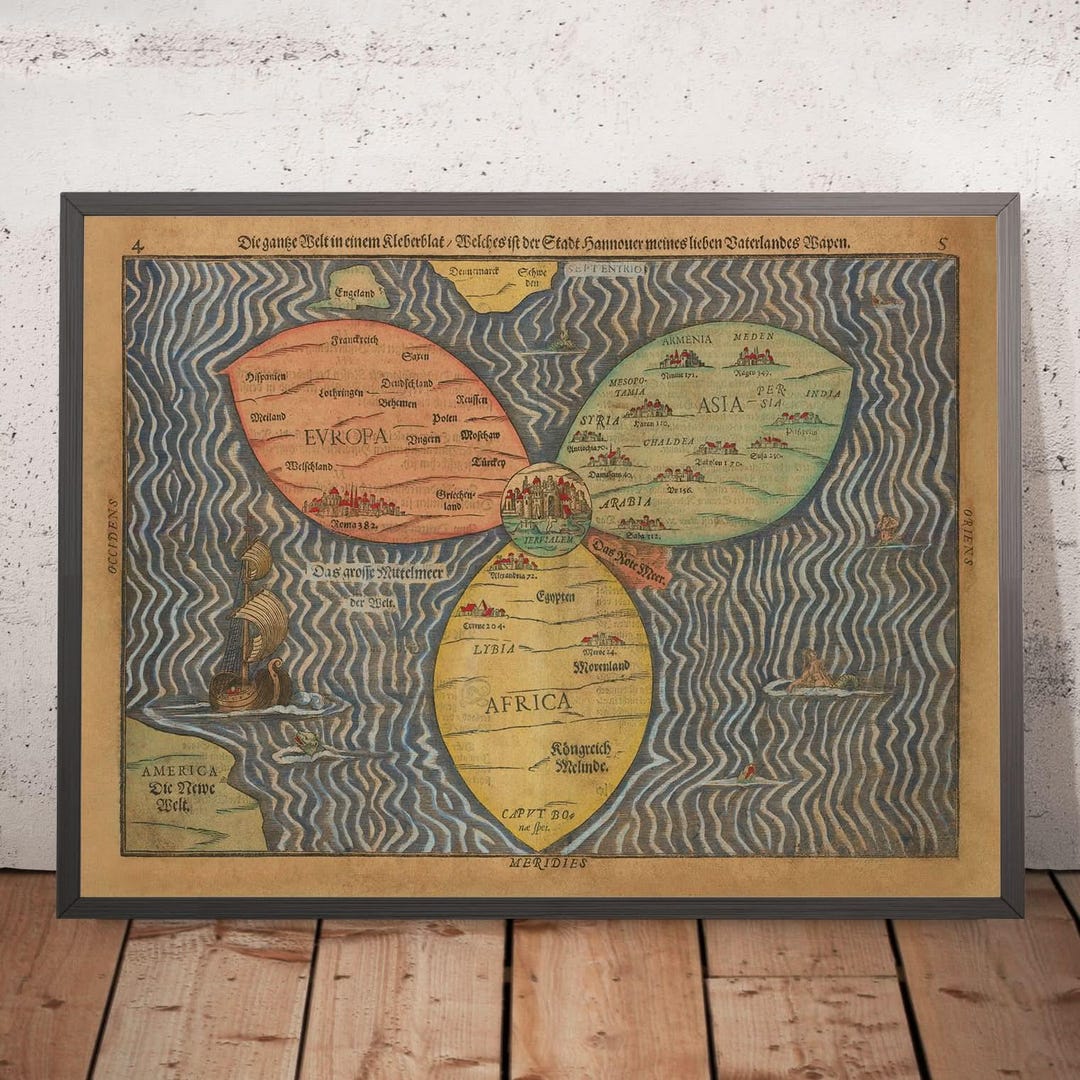Old Cloverleaf World Map With Jerusalem in the Middle by Bunting, 1582 ...
