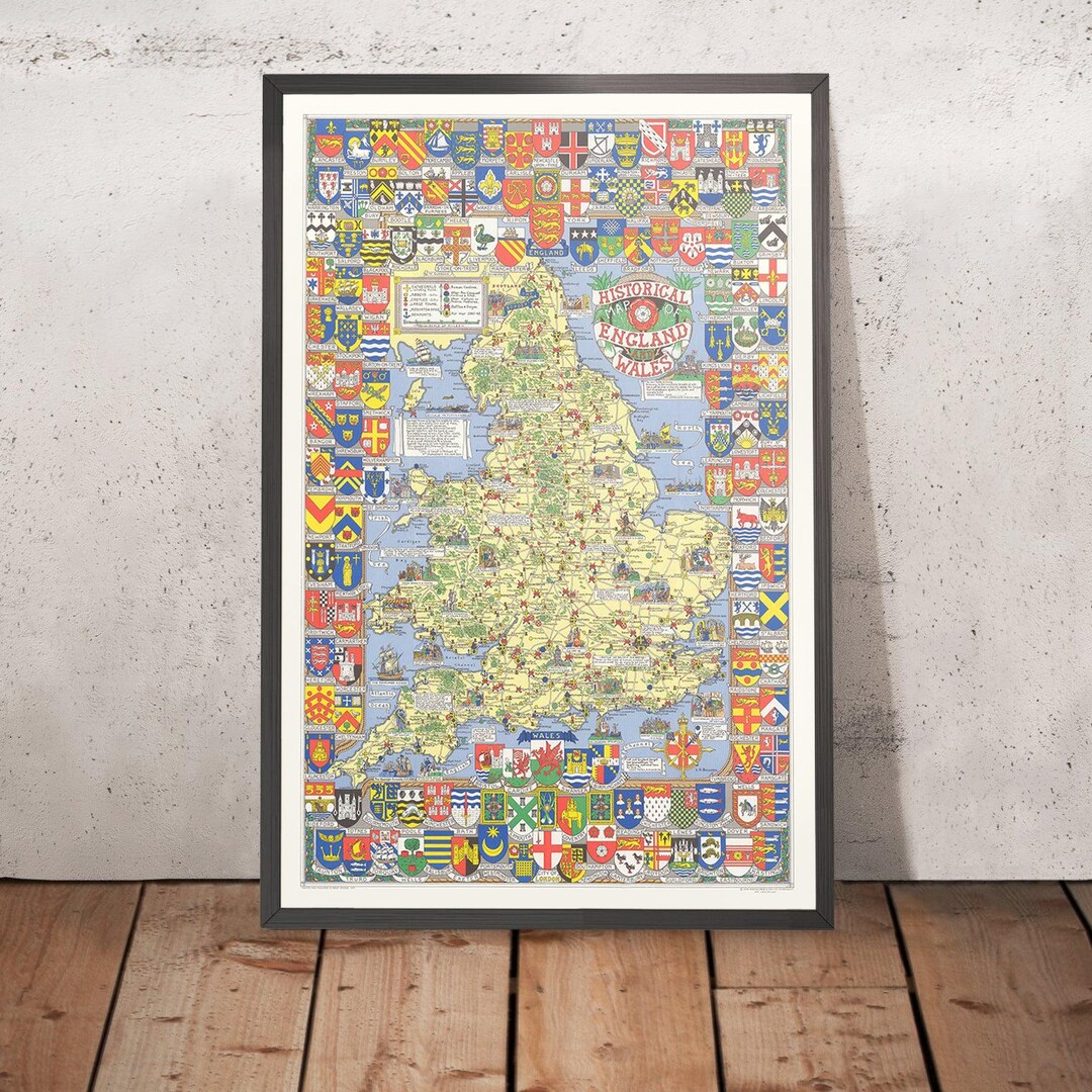 Old Historical Map of England & Wales by Bullock, 1958: Battles, Events ...