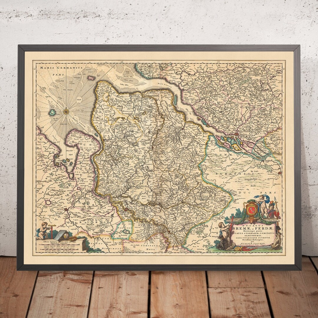 Old Map of Bremen and Verden by Visscher, 1690: Hamburg, Oldenburg ...