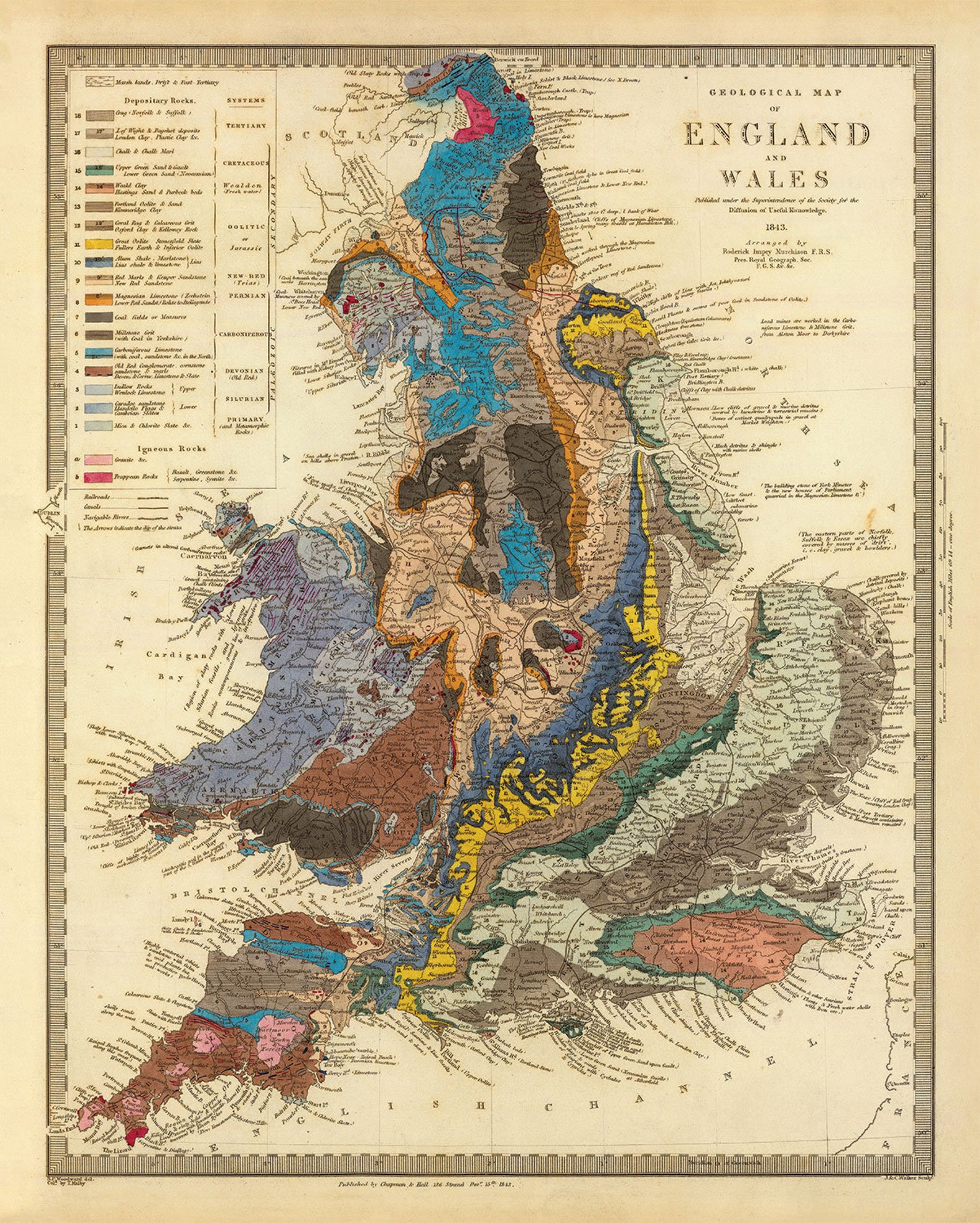 Old Geological Map of England & Wales, 1843 by Murchison - Britain, UK ...