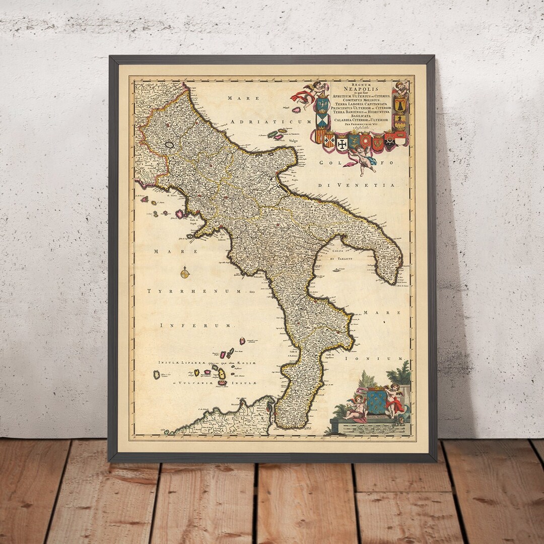 Old Map of the Kingdom of Naples, Italy by Visscher, 1690: Naples, Bari ...