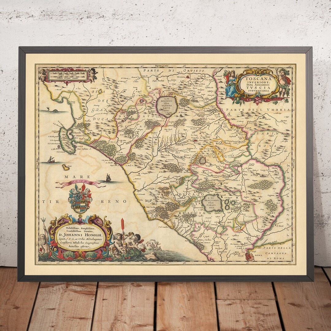 Old Map of Lower Tuscany, Italy by Visscher, 1690: Viterbo, Rome ...