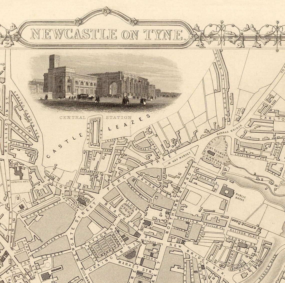 Old Map of Newcastle Upon Tyne & Gateshead in 1851 by Tallis - Etsy
