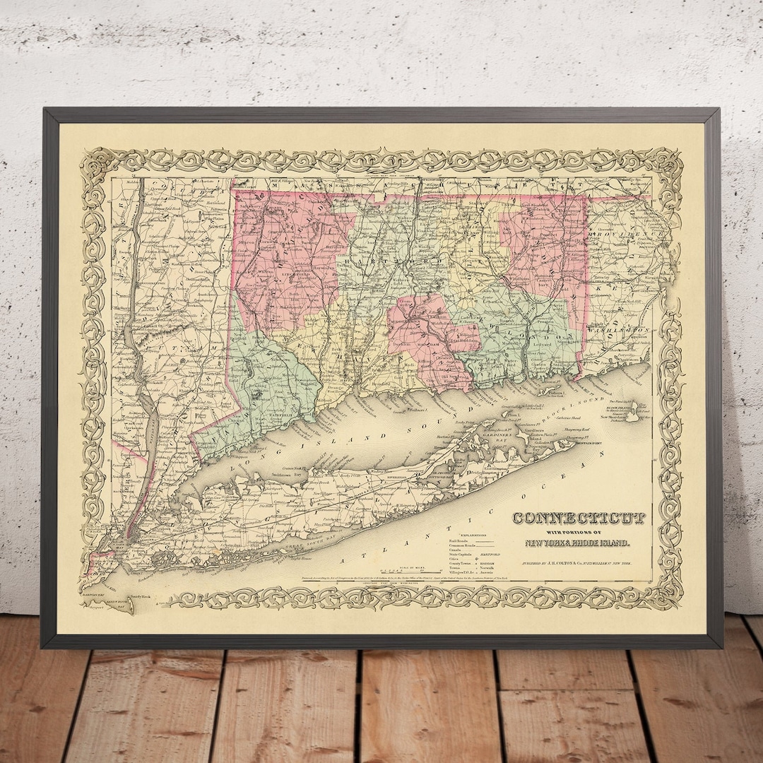 Old Map of Connecticut & Long Island by Colton, 1855: New Haven ...