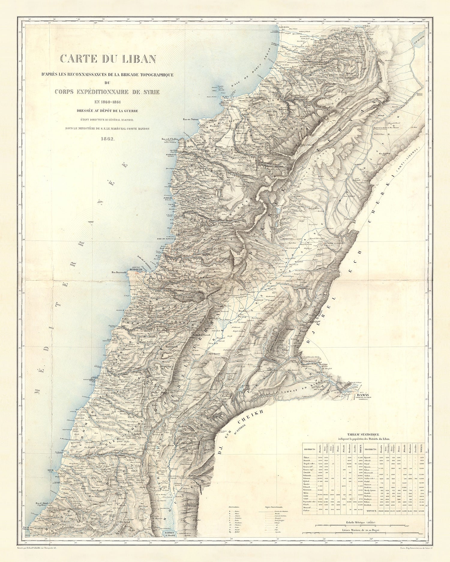Old Map of Lebanon by Depot De La Guerre, 1862: Beirut, Tripoli, Sidon ...