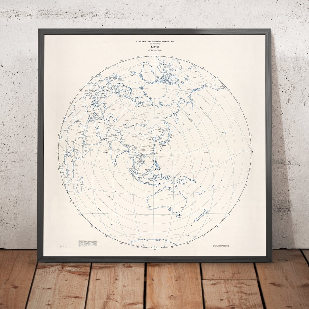 Old Azimuthal World Map Centred on Taipei, US CIA, 1968: Azimuthal ...