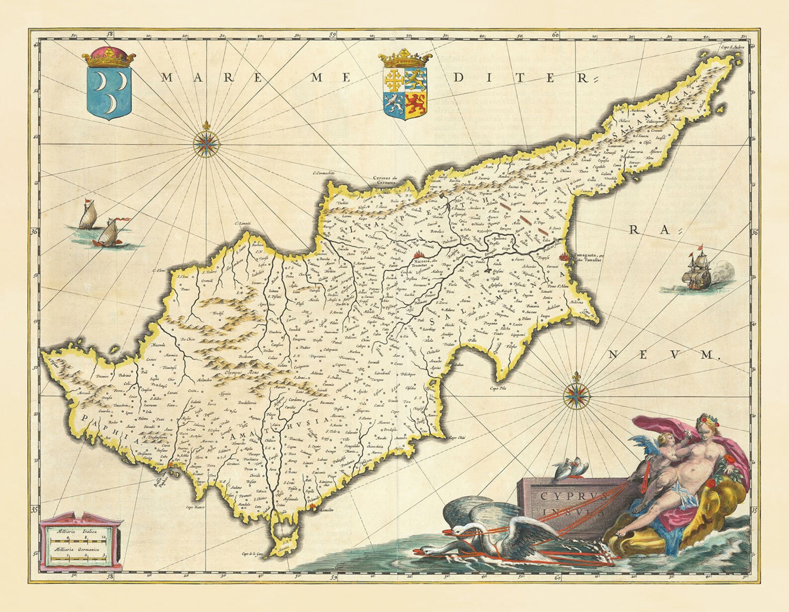 Old Map of Cyprus by Willem Blaeu, 1640 - Nicosia, Kyrenia, Famagusta ...
