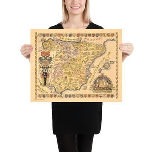 Old Pictorial Map of Spain, 1935: Madrid, Barcelona, Seville, Bay of ...