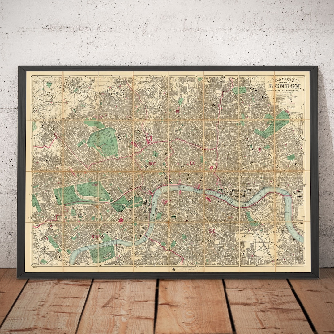 Big Old Map of London by Bacon, 1890 - Rare Folding Wall Chart of ...