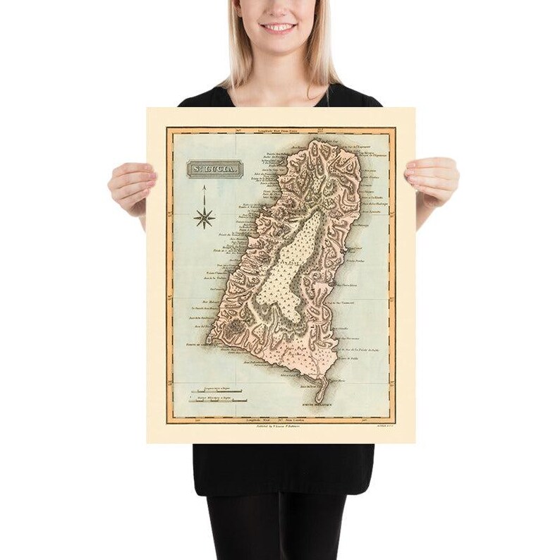 Old Rare Map of St. Lucia by Lucas, 1823: Castries, Soufriere, Vieux ...
