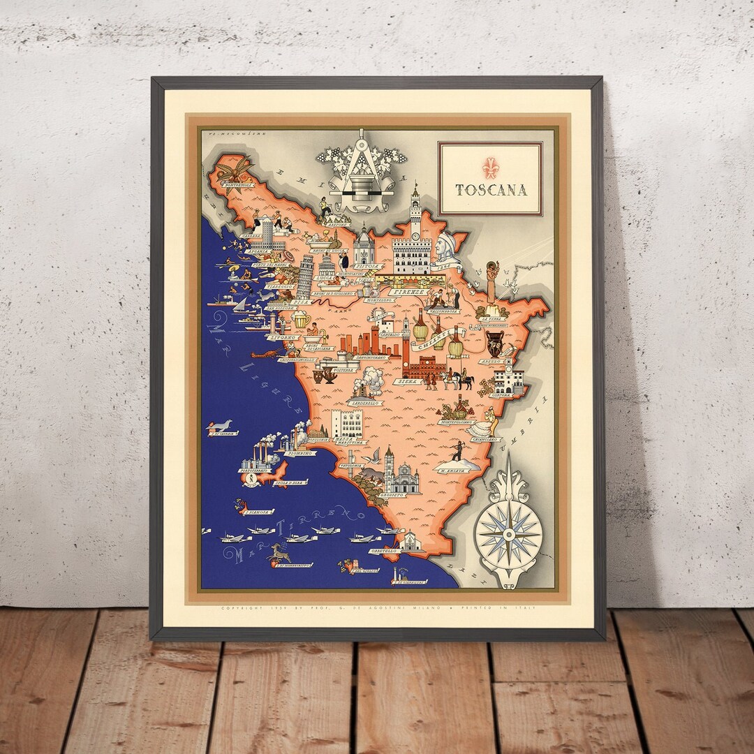 Old Pictorial Map of Tuscany by De Agostini, 1938: Pisa, Florence ...