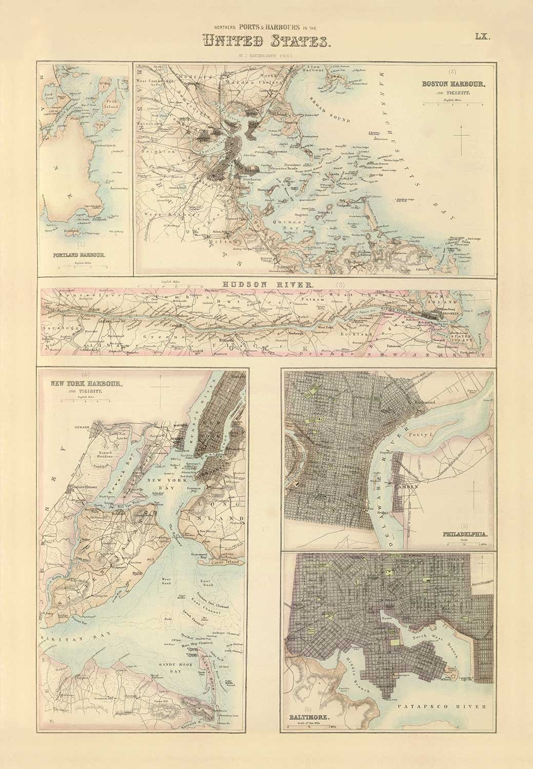 Old Map of the Ports & Harbours of Northern USA 1872 by - Etsy