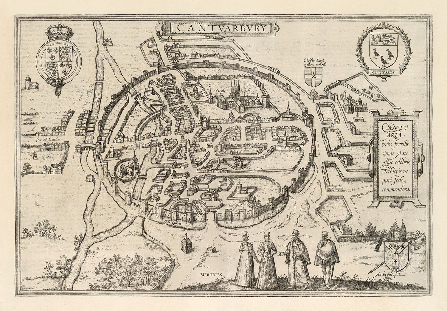 Old Map of Canterbury 1588 by Georg Braun - Castle, Cathedral, Church ...