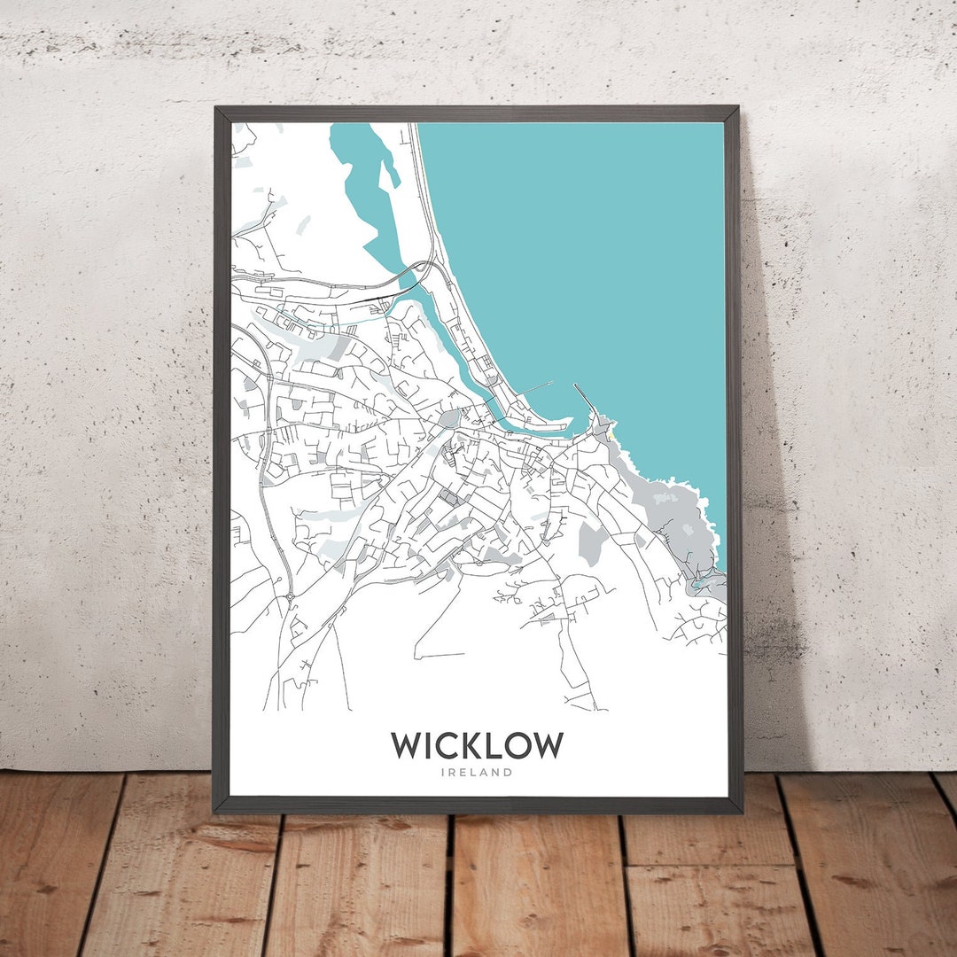 Modern Town Map of Wicklow, Ireland: Wicklow Mountains, Glendalough ...