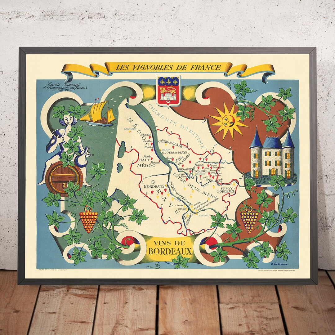 Old Wine Map of Bordeaux by Hetreau, 1954: Bordeaux, Saint-Émilion ...