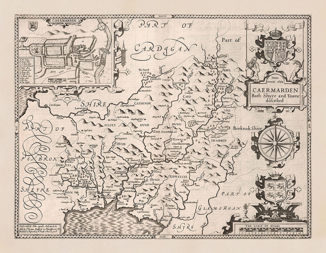 Old Map of Carmarthenshire Wales, 1611 by John Speed - Carmarthen ...