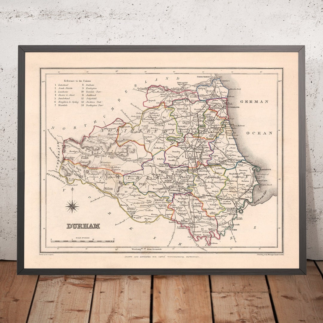 Old Map of Durham by Samuel Lewis, 1844: Sunderland, Stockton-on-tees ...