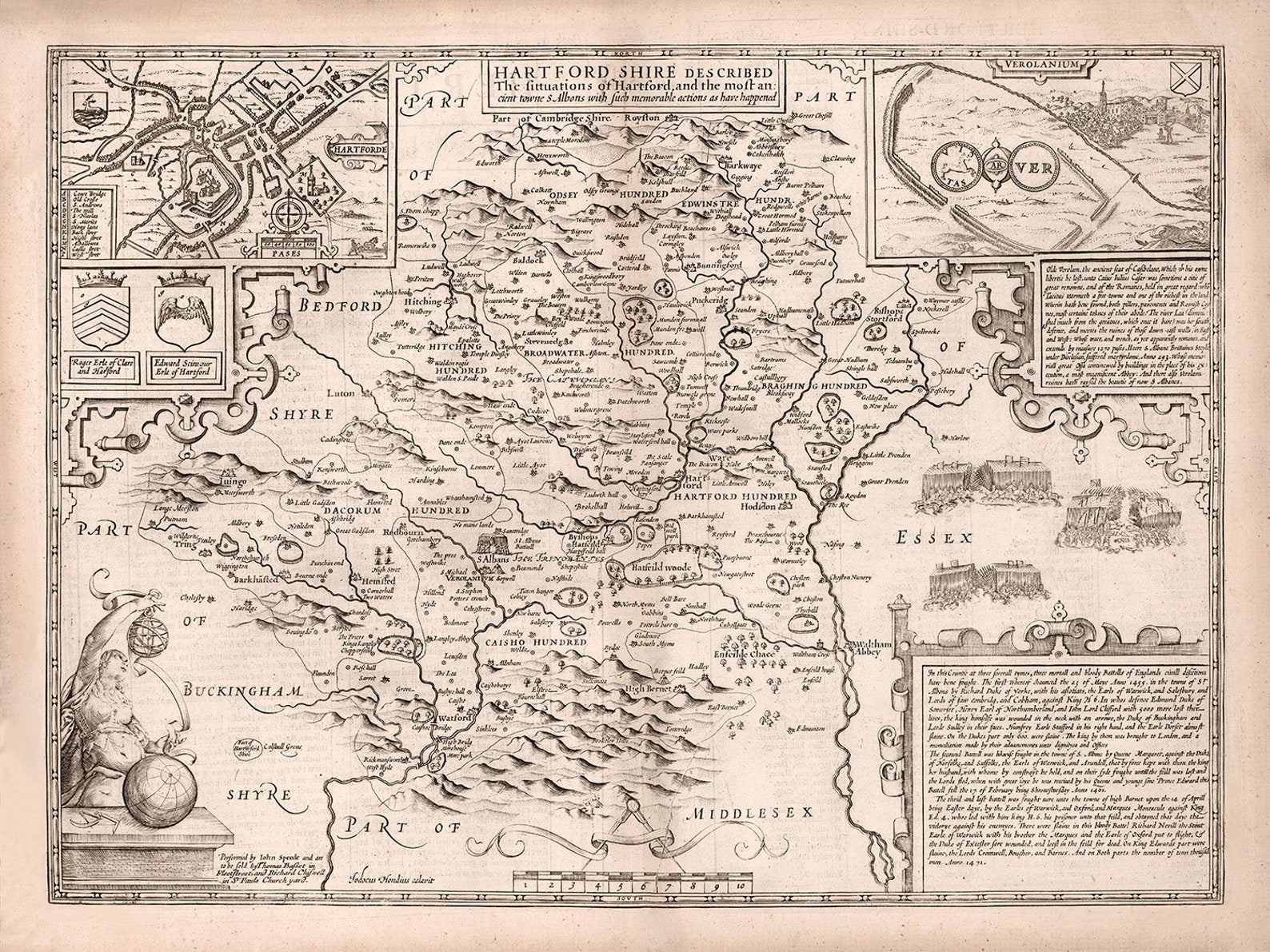 Old Map of Hertfordshire, 1611, John Speed - Stevenage, St Albans ...