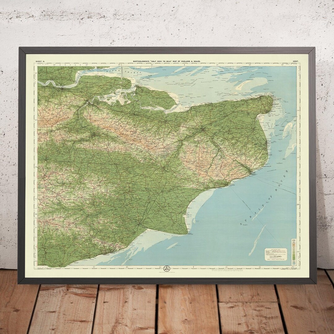 Old OS Map of Kent, England by Bartholomew, 1901: Thames Estuary, Dover ...