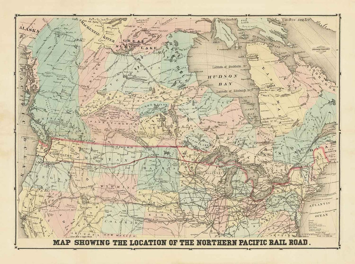 Old Map of the Northern Pacific Railway, 1870 by Traubel - Railroads in ...