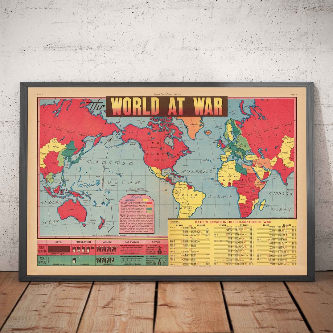 Old World War 2 Map, 1942 - "world at War" by Edwin Sundberg - USA ...