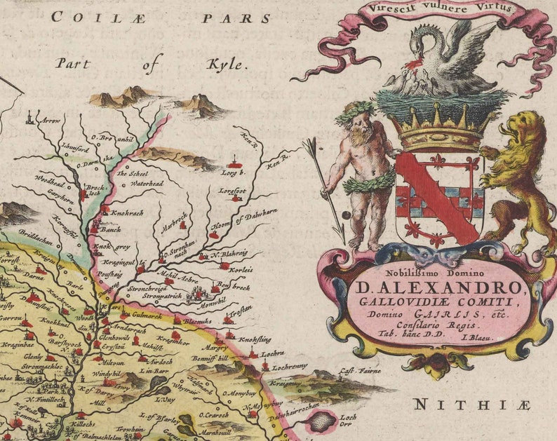 Old Map of Galloway in 1665 by Joan Blaeu - Dumfries, Glenluce, Wigtown ...