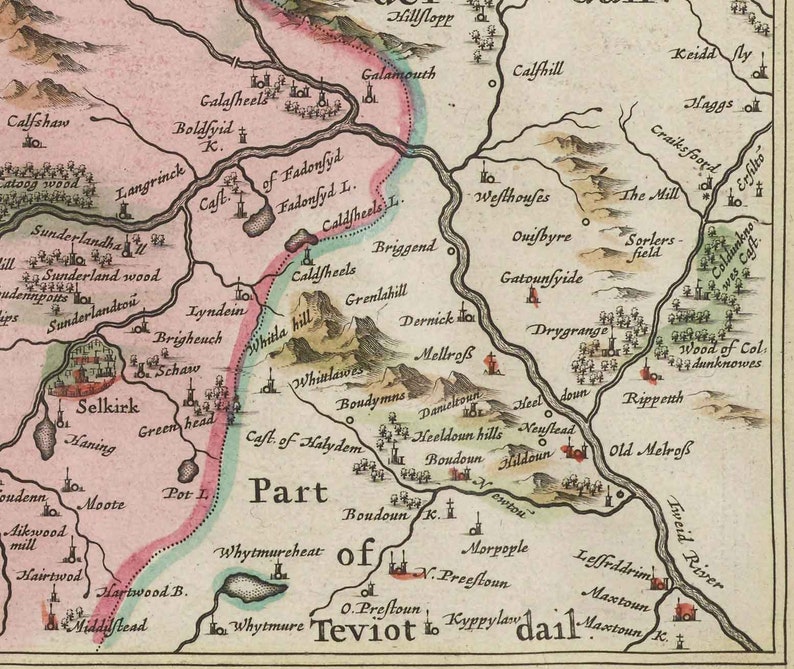 Old Map of Selkirkshire in 1665 by Joan Blaeu - Selkirk, Lindean ...