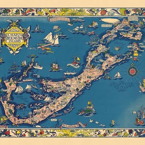 Old Pictorial Map of Bermuda by Shurtleff, 1930: Hamilton, St. George's ...
