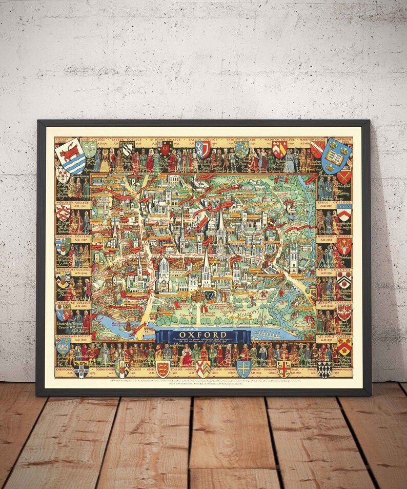 Old Map of Oxford by Kerry Lee 1948 Pictorial University - Etsy