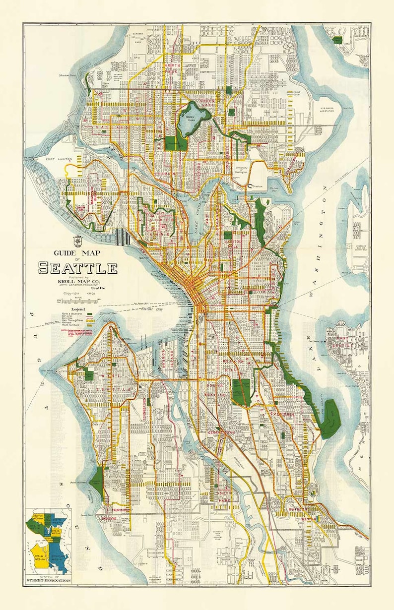 Rare Old Map of Seattle, Washington, 1929 - Downtown, Lakes, Puget ...