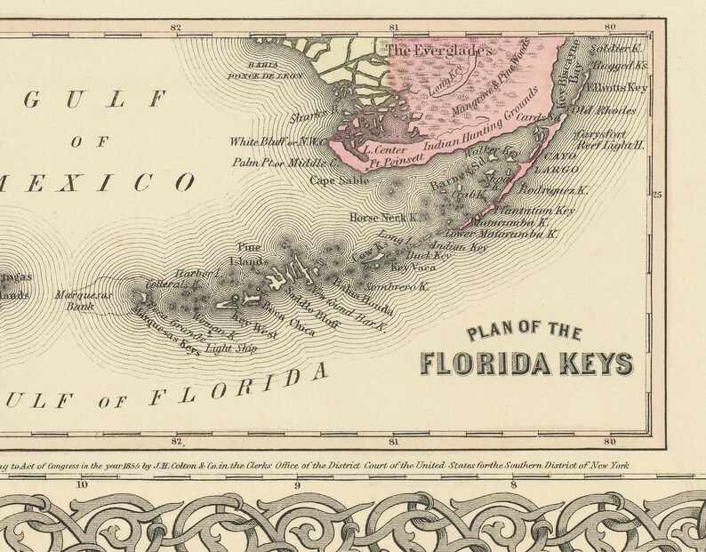 Old Map of Florida in 1855 by Colton Keys Panhandle | Etsy