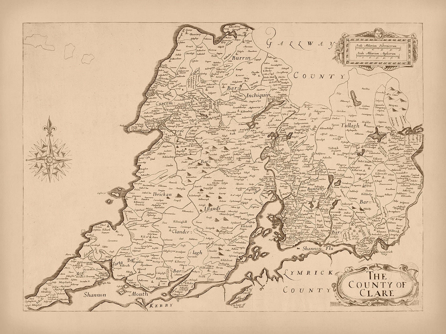 Old Map of County Clare by Petty, 1685: Bunratty Castle, Cliffs of ...