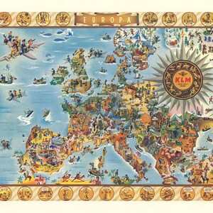 Old Map of Europe by KLM, 1967: Whimsical Illustrations, Cultural ...