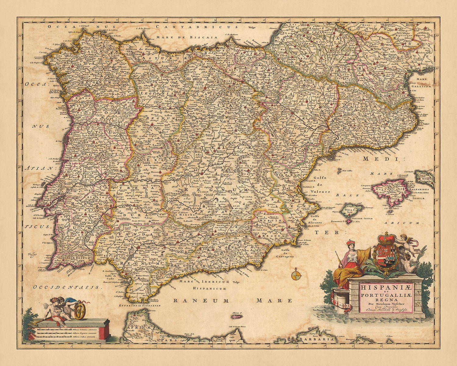 Old Map of the Kingdoms of Spain & Portugal by Visscher, 1690: Madrid ...