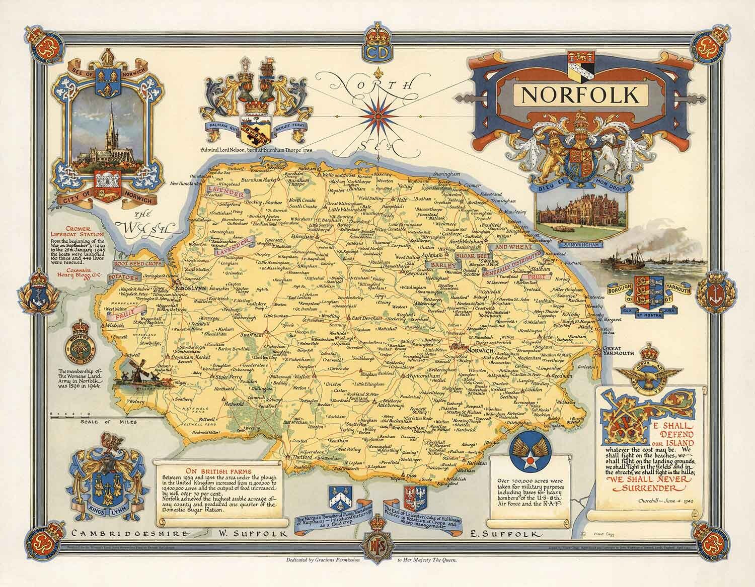 Old Map of Norfolk by Ernest Clegg 1945 Sandringham - Etsy