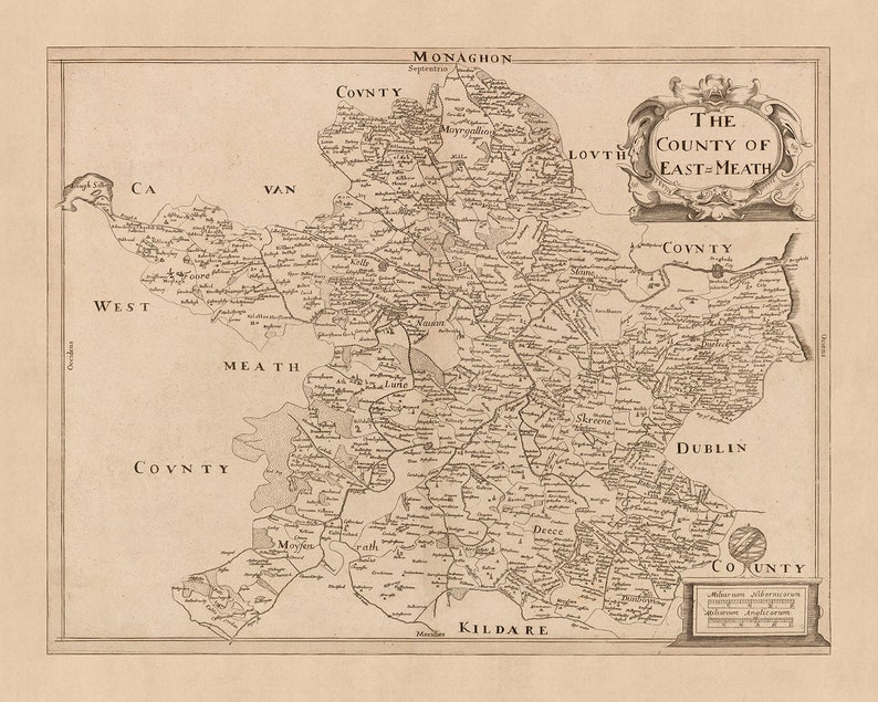 Old Map of County Meath (east Meath) by Petty, 1685: Trim, Navan, Kells ...