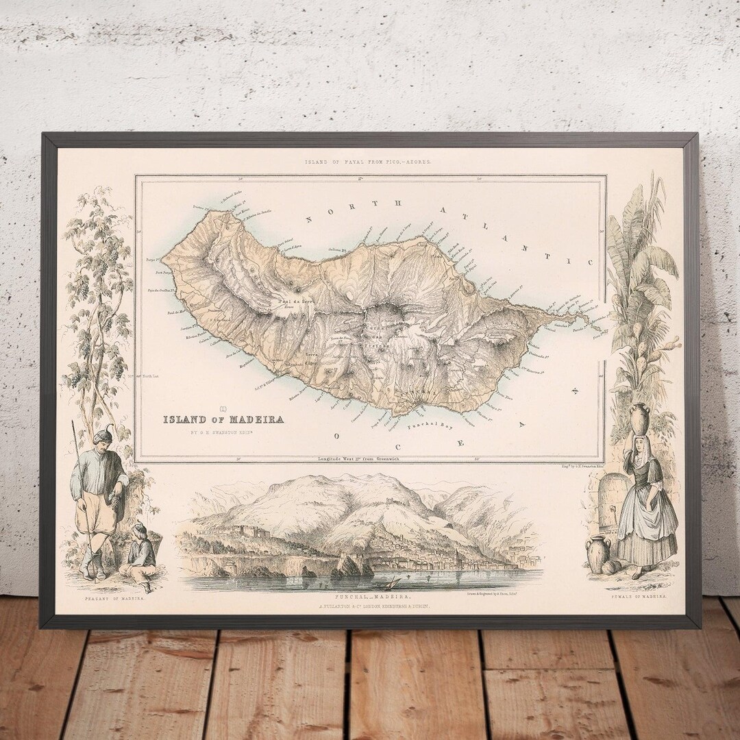 Old Map of Madeira by Fullarton, 1865: Funchal, Pico Ruivo, Funchal Bay ...