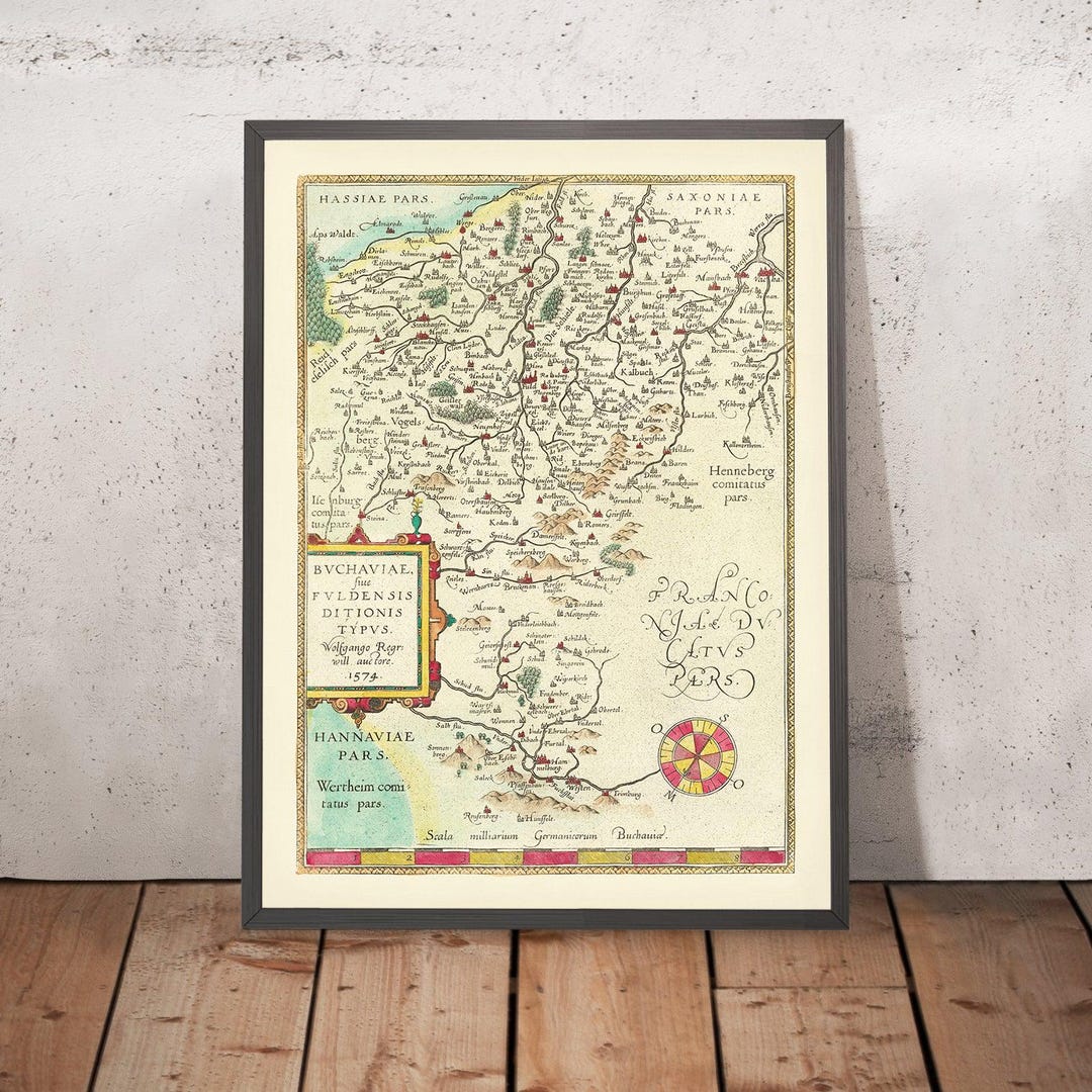 Old Map of Hesse by Ortelius, 1574: Fulda, Würzburg, Rivers, Mountains ...