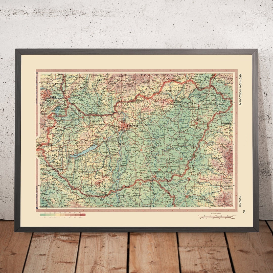 Old Map of Hungary, 1967: Budapest, Danube River, Lake Balaton, Great ...