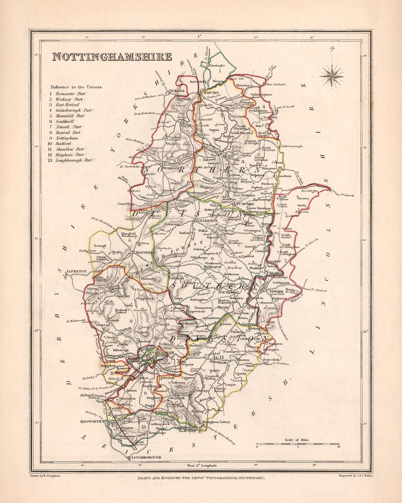 Old Map of Nottinghamshire by Samuel Lewis, 1844: Nottingham, Mansfield ...