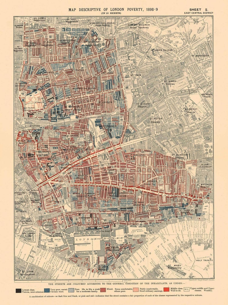 Old Map of London Poverty 1898-9, East Central by Booth - Hackney ...