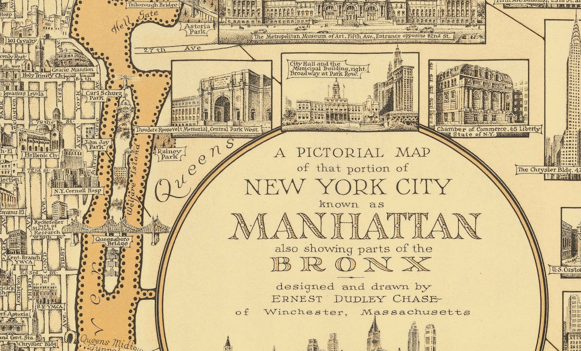 Old Map of Manhattan & the Bronx 1939 Illustrated Pictorial | Etsy UK