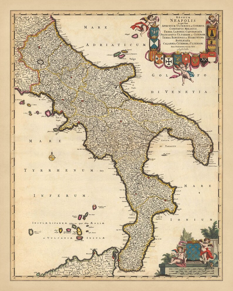 Old Map of the Kingdom of Naples, Italy by Visscher, 1690: Naples, Bari ...